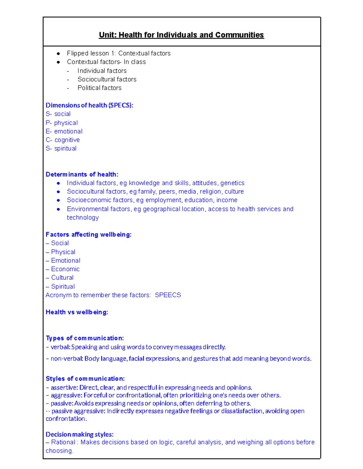 Year 10 Pdhpe Yearly Exam Notes - Unit: Health for Individuals and ...