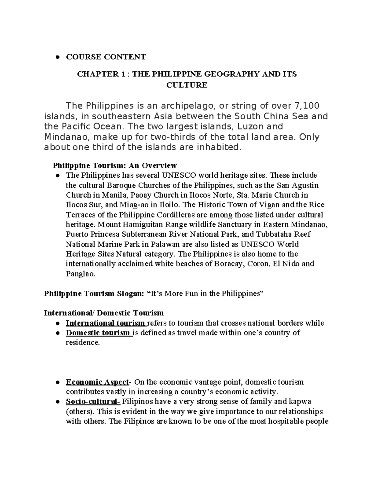 Philgeo-intro - COURSE CONTENT CHAPTER 1 : THE PHILIPPINE GEOGRAPHY AND ...