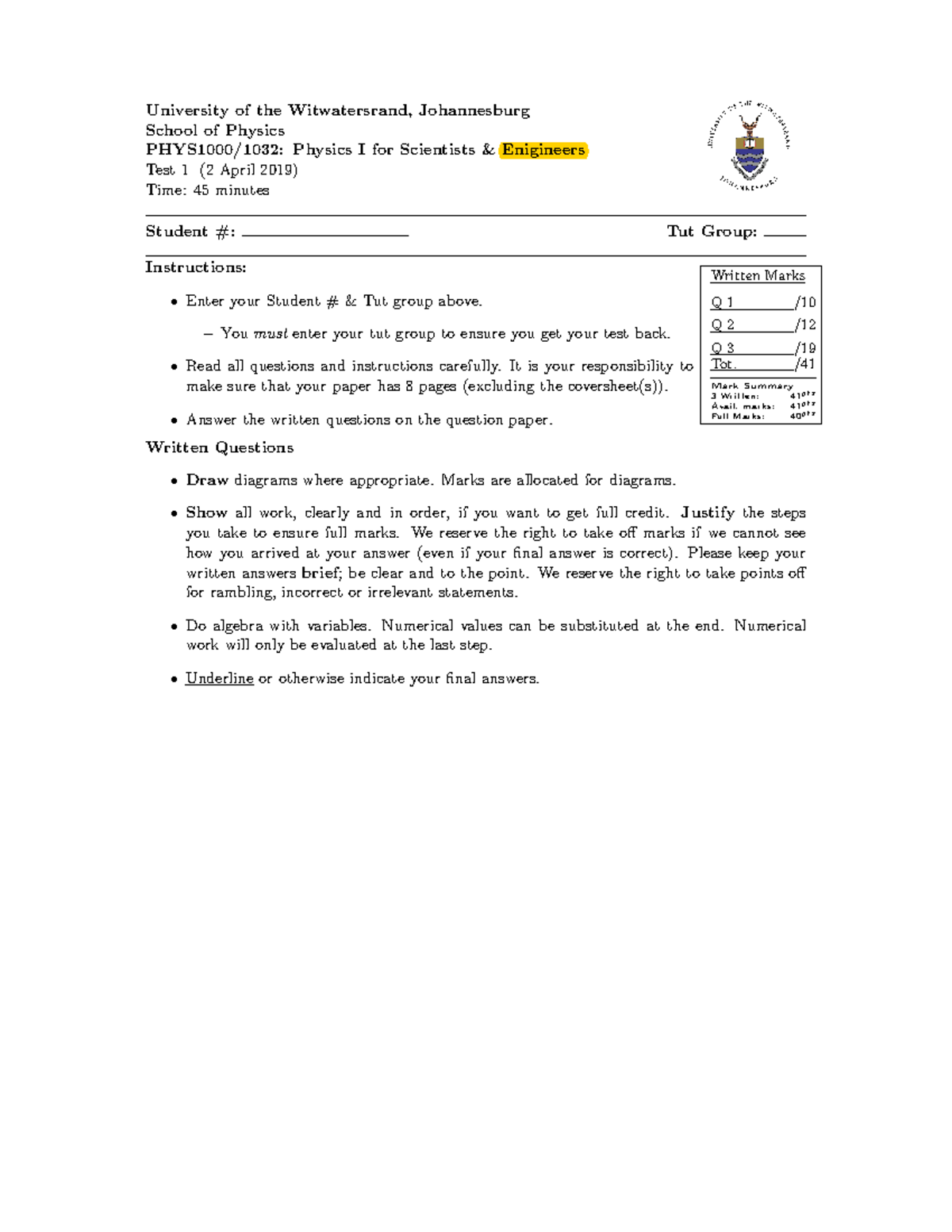 Sample Test-paper for physics first years - University of the ...