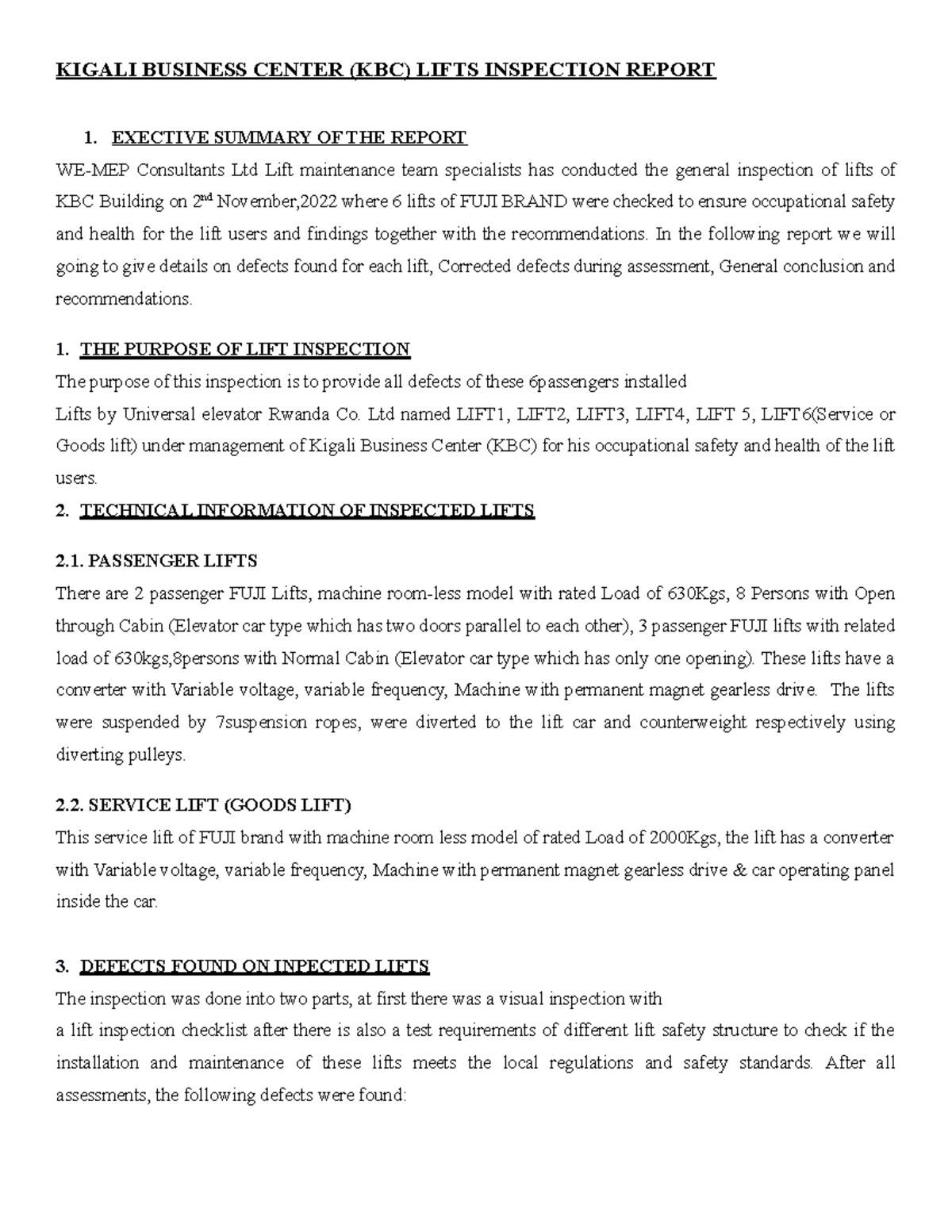 KBC Lifts Inspection Report - KIGALI BUSINESS CENTER (KBC) LIFTS ...