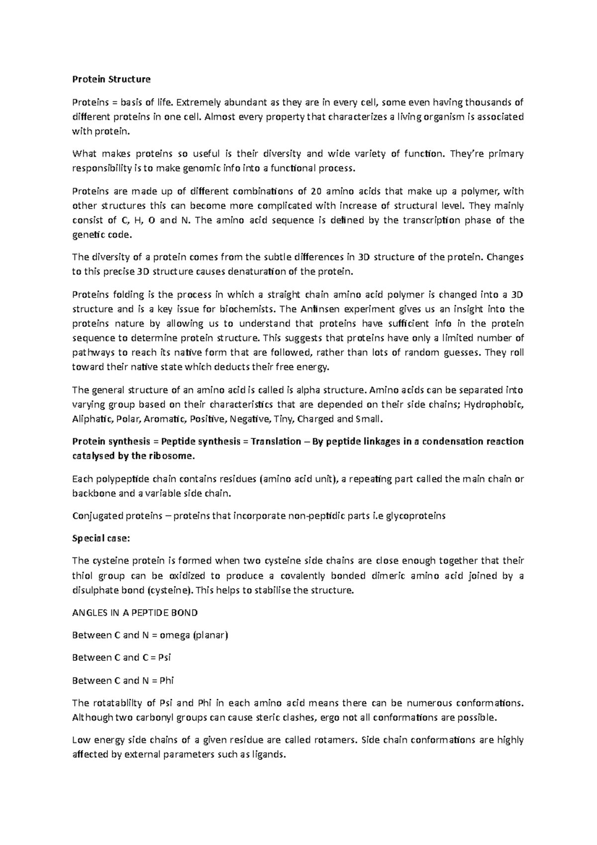 Protein Structure Revision Notes - Protein Structure Proteins = basis ...