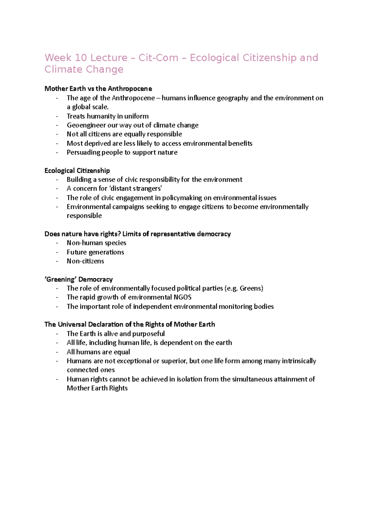 Week 10 Lecture - Week 10 Lecture – Cit-Com – Ecological Citizenship and Climate Change Mother ...