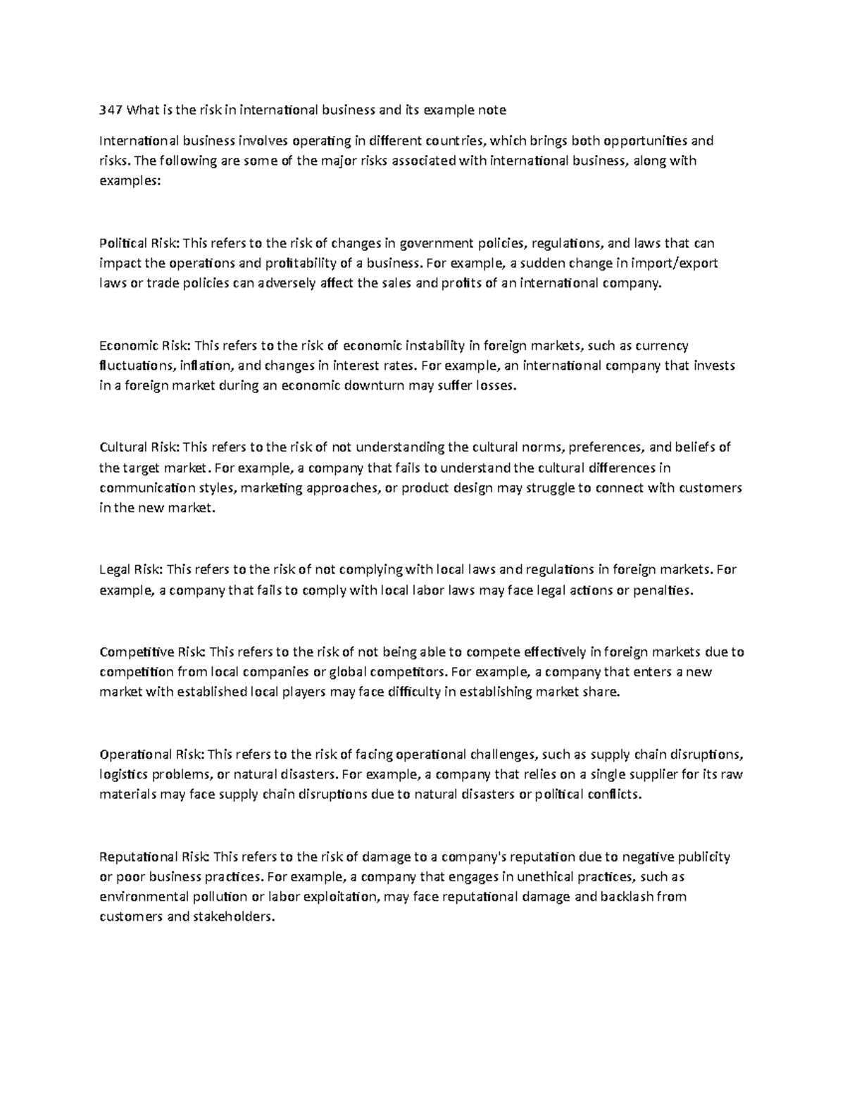 347 What is the risk in international business and its example note ...
