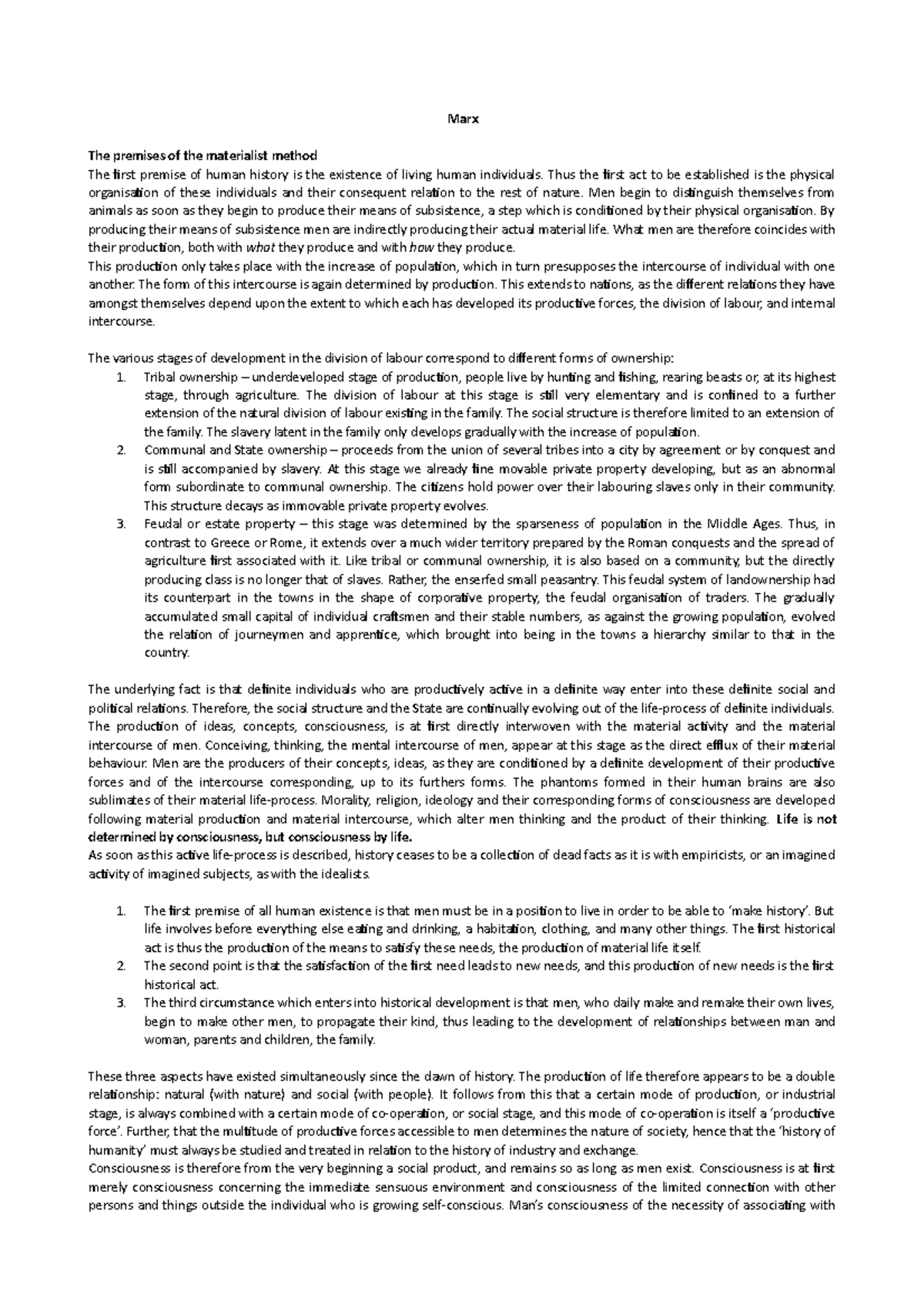 Marx - Summary Selected Writings - Marx The premises of the materialist ...
