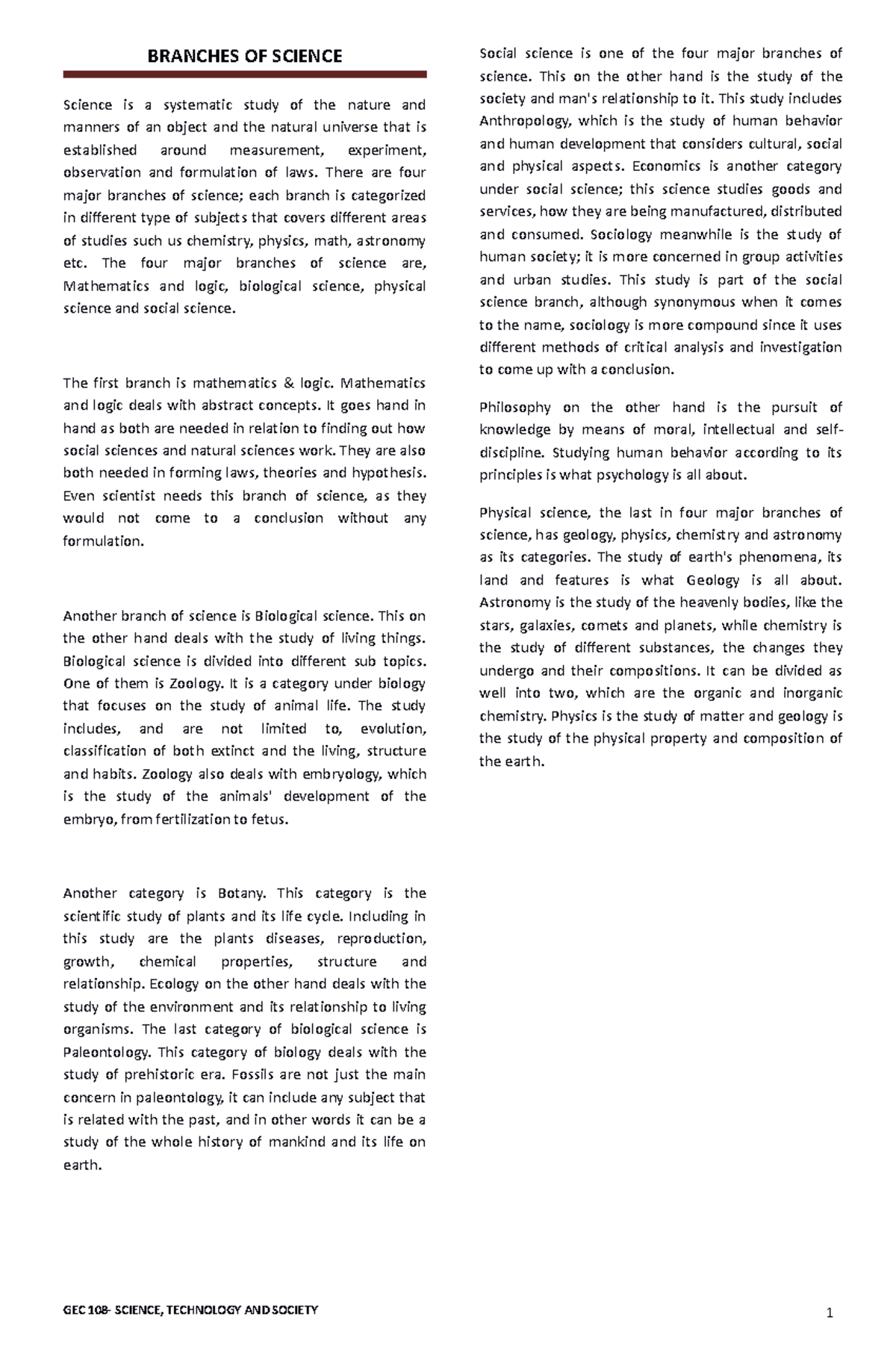 GEC108 Branches OF Science - BRANCHES OF SCIENCE Science is a ...