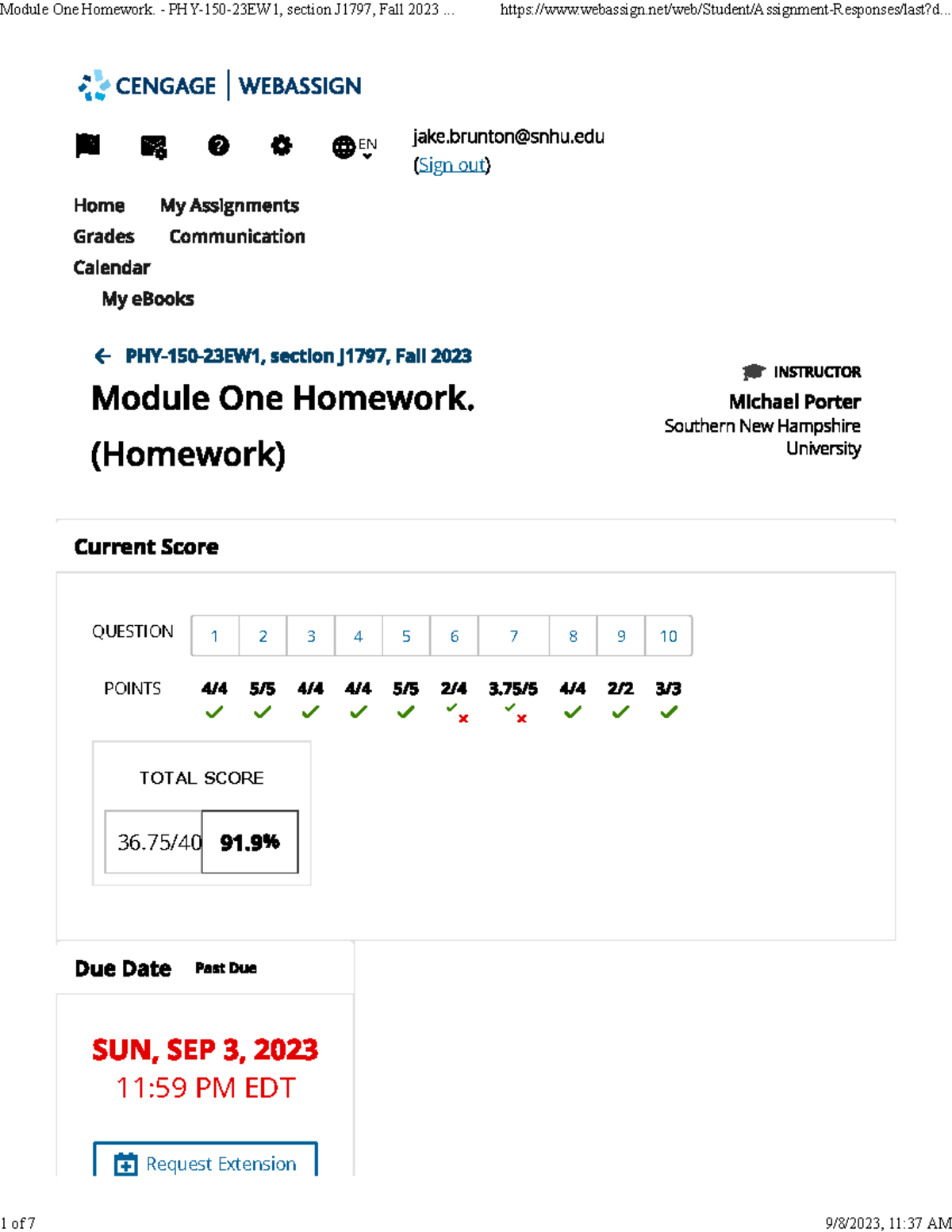 Module One Homework. - PHY-150-23EW1, section J1797, Fall 2023 Web Assign - QUESTIONPOINTS 1 2 3 ...
