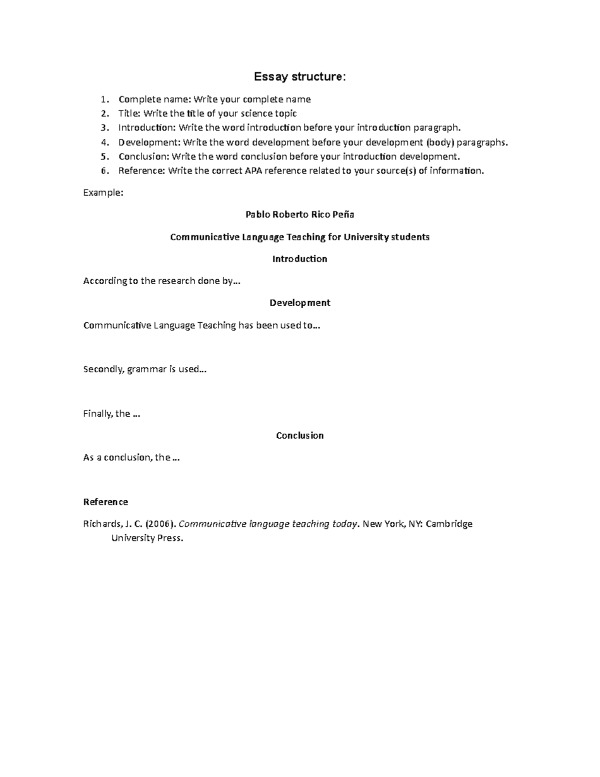 Essay structure - Essay structure: Complete name: Write your complete ...