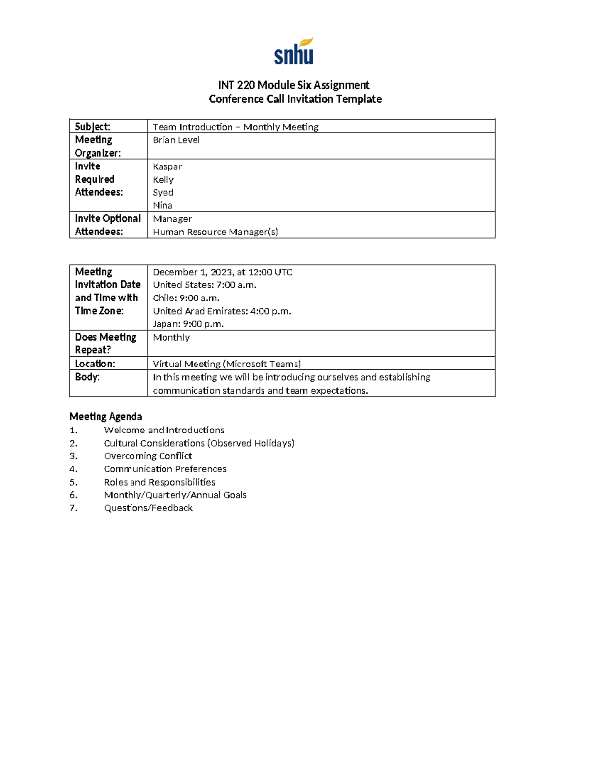 INT 220 Conference Call Invitation - INT 220 Module Six Assignment ...