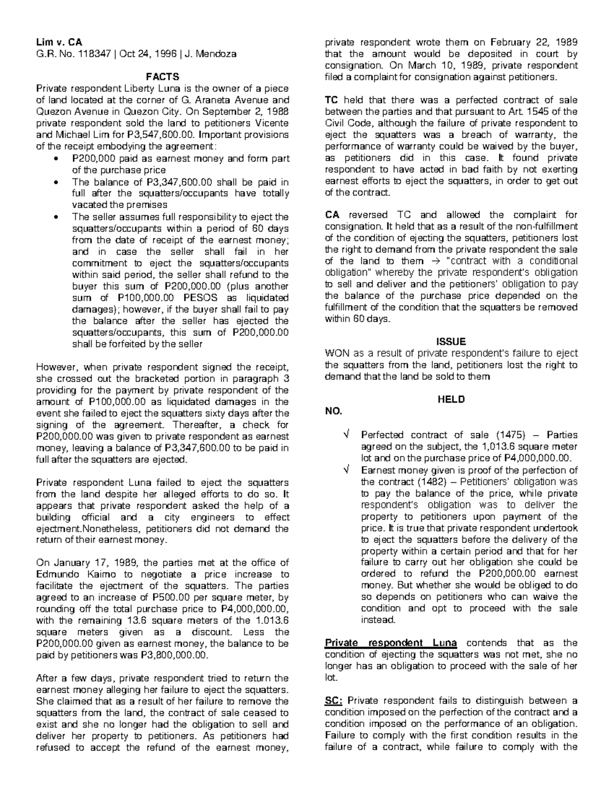 Lim v CA - obligation and contract - Lim v. CA G. No. 118347 | Oct 24 ...