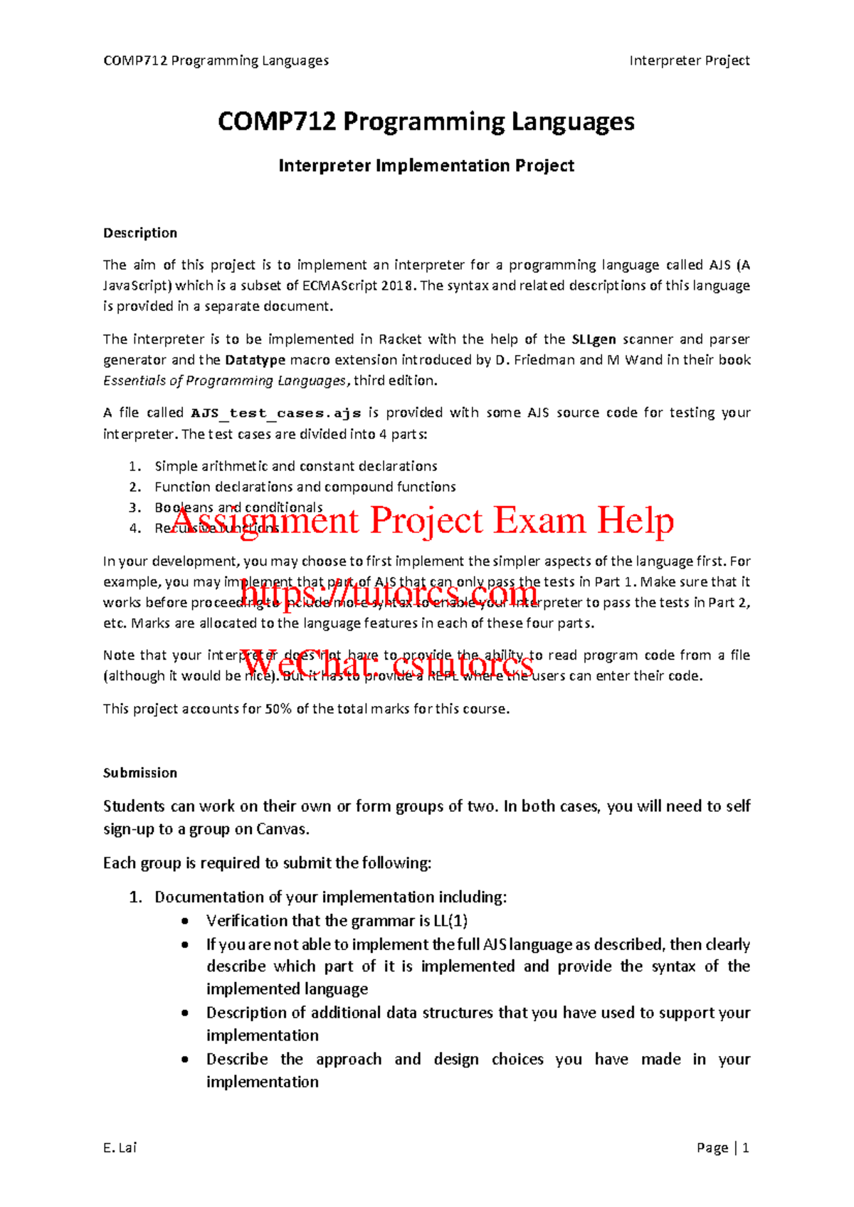 COMP712 Project - COMP712 Programming Languages Interpreter Project E. Lai Page | 1 COMP712 ...