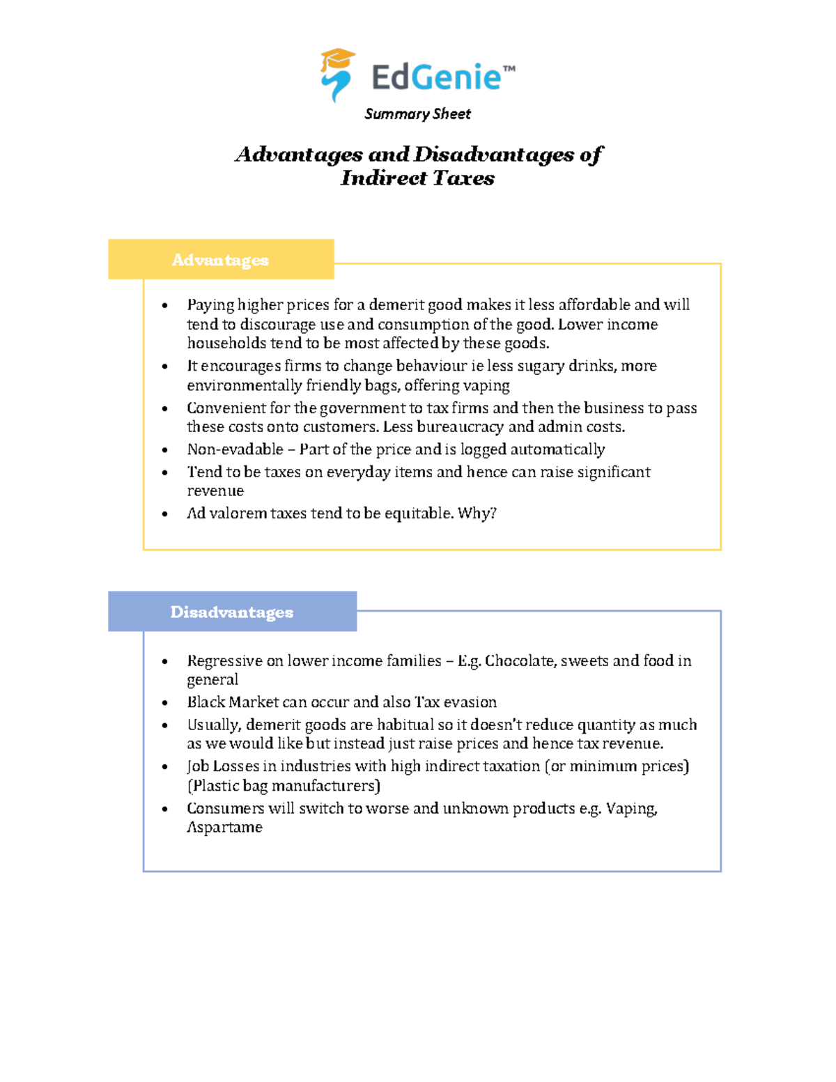 Advantag e s and Disadvantag e s of Indir e ct Tax e s - Summary Sheet ...