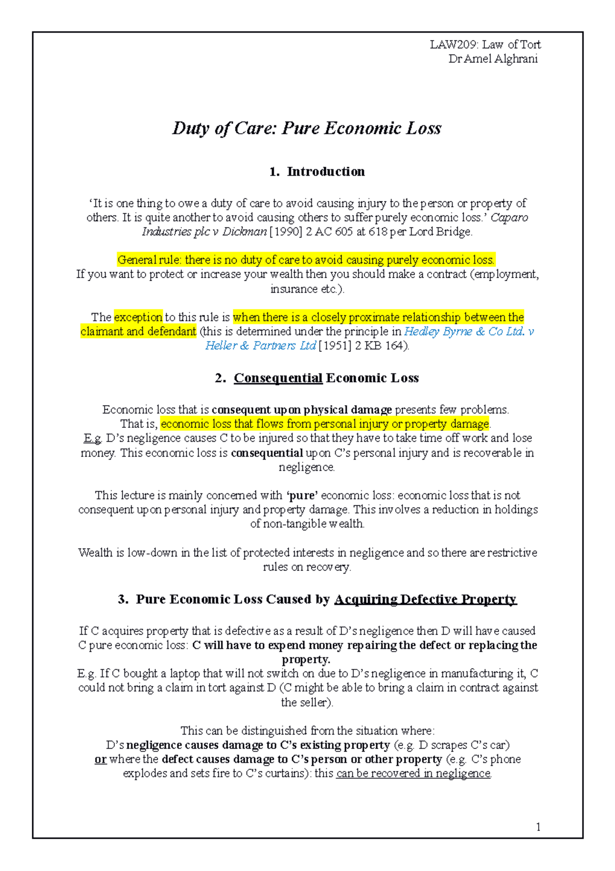 DC -Pure economic loss 2018 - Dr Amel Alghrani Duty of Care: Pure ...