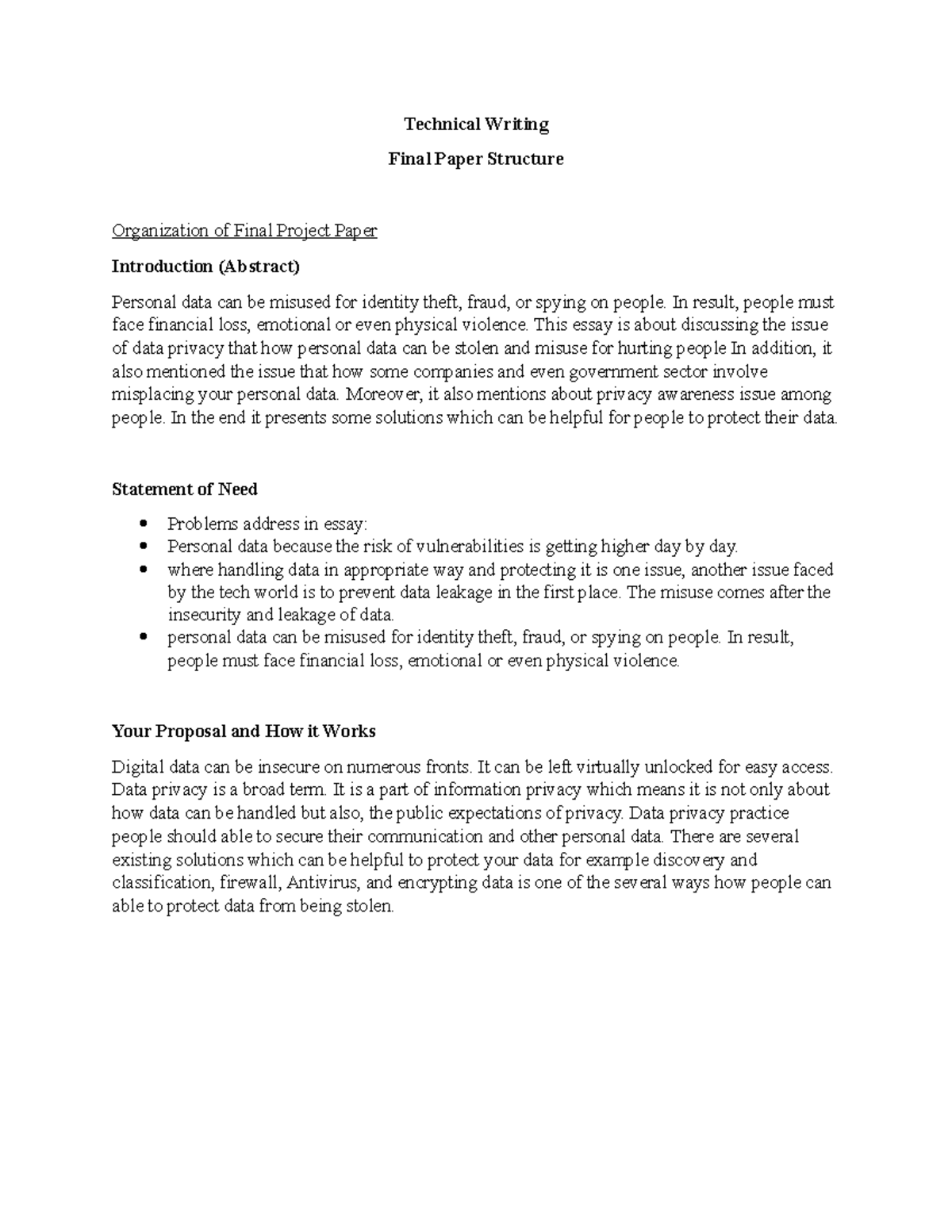 Outline - Technical Writing Final Paper Structure Organization of Final ...