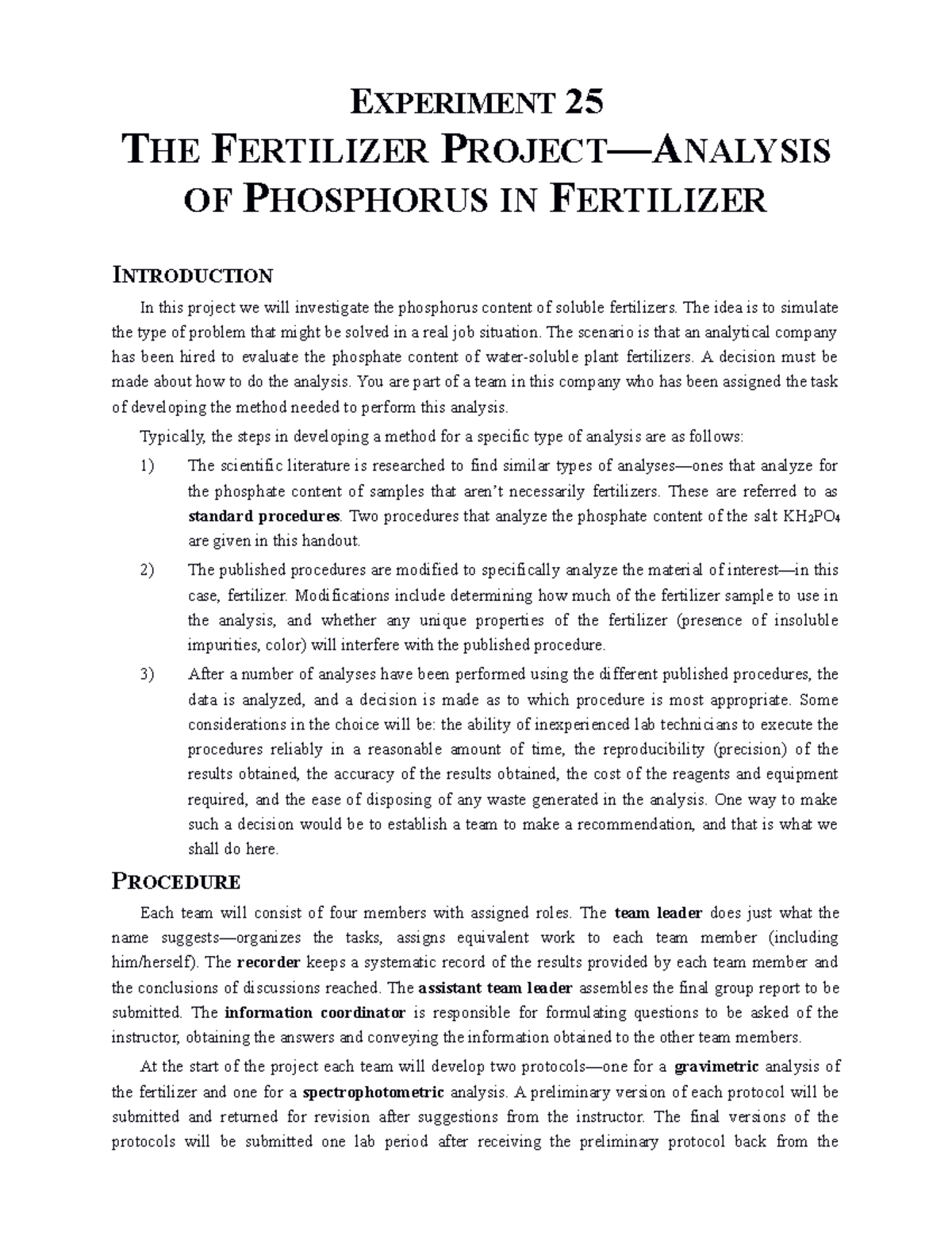 Uof C GL07 Lab - Procedure for experiment 6 - EXPERIMENT 25 THE FERTILIZER PROJECT—ANALYSIS OF ...