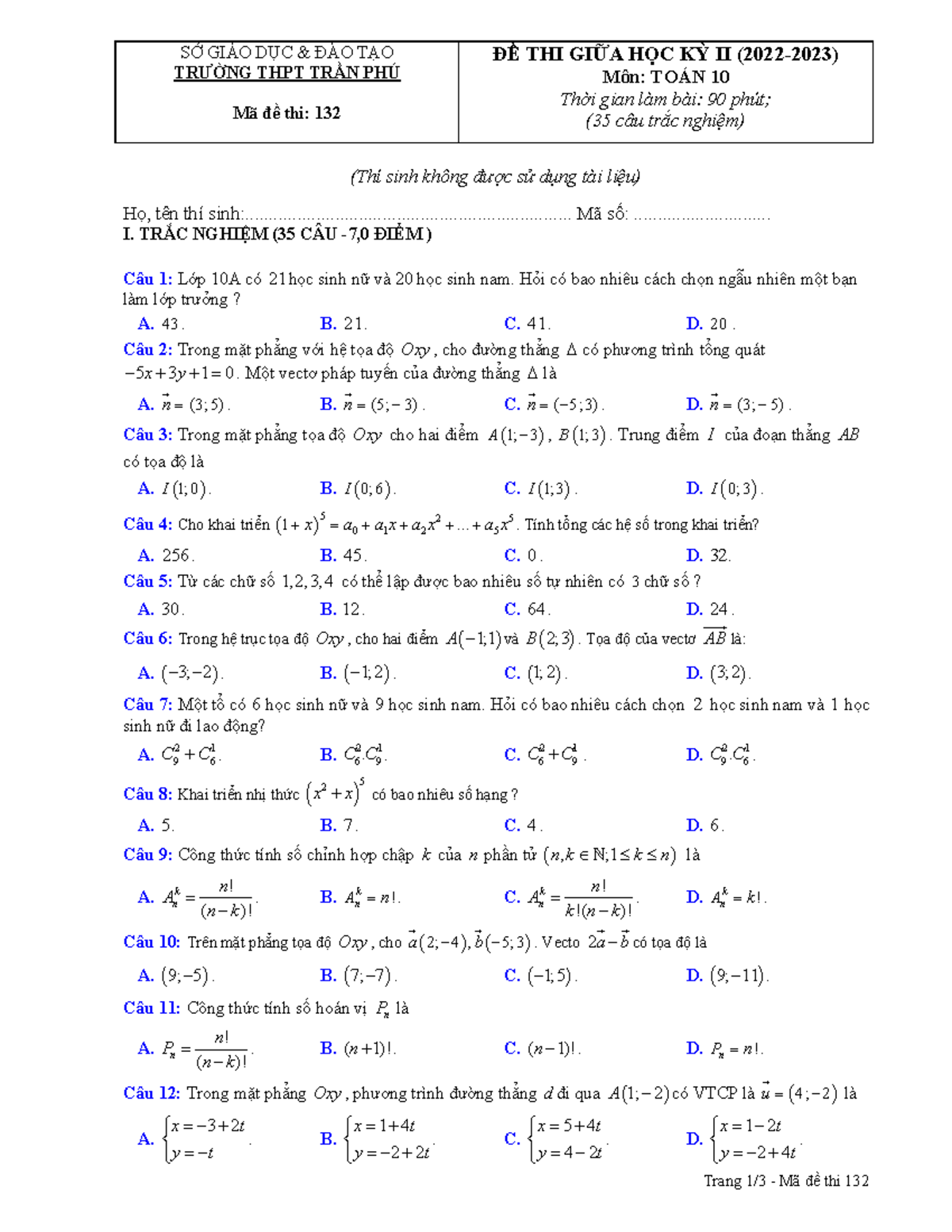 De giua ky 2 toan 10 nam 2022 2023 truong thpt tran phu phu yen - Trang 1/3 - Mã đề thi 132 SỞ ...