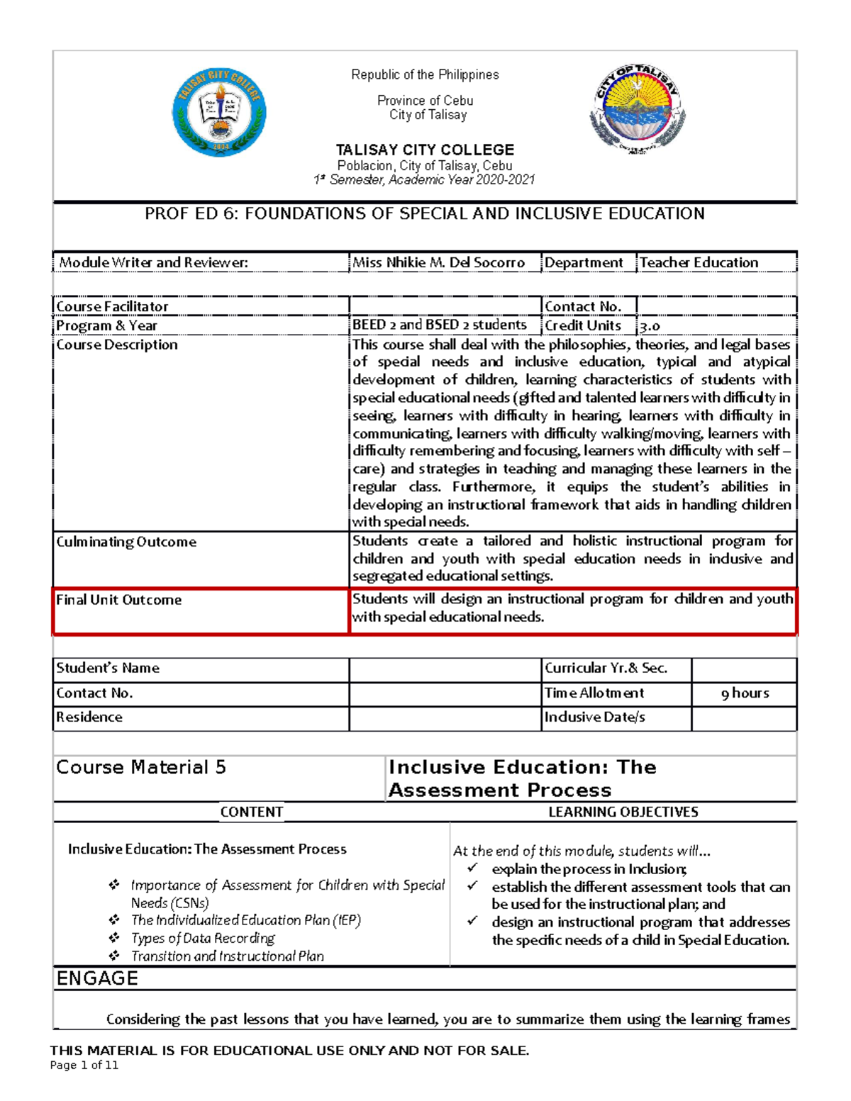 PROF ED 6 CM5 IEP Process - Republic of the Philippines Province of Cebu City of Talisay TALISAY ...