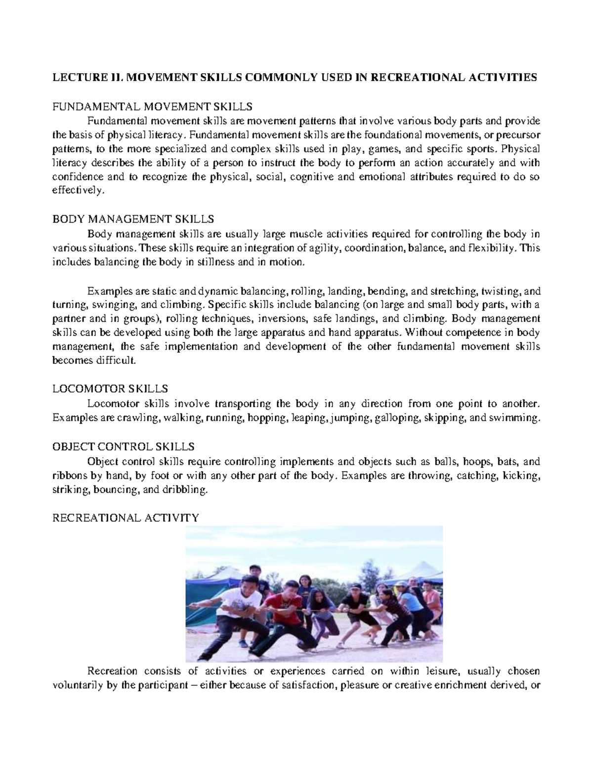 Lecture II. Movement Skills Commonly USED IN Recreational Activities ...