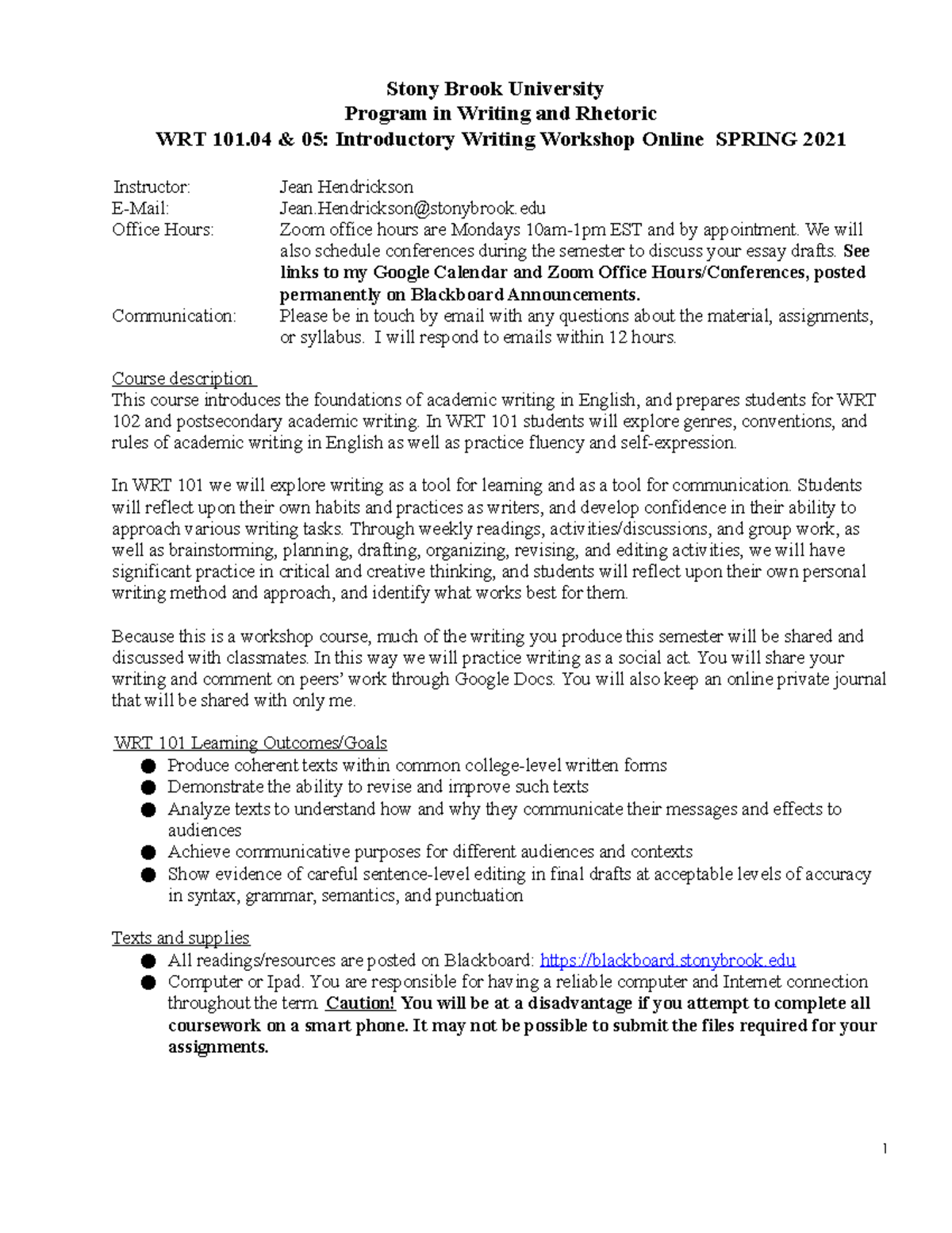 WRT101 Syllabus spring 2021 - Stony Brook University Program in Writing ...