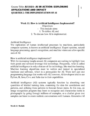 AI 2121 W5 - aRTIFICIAL iNTELLIGENCE - APPLICATIONS AND IMPACT QUARTER 1 : INTRODUCTION TO AI 1 ...