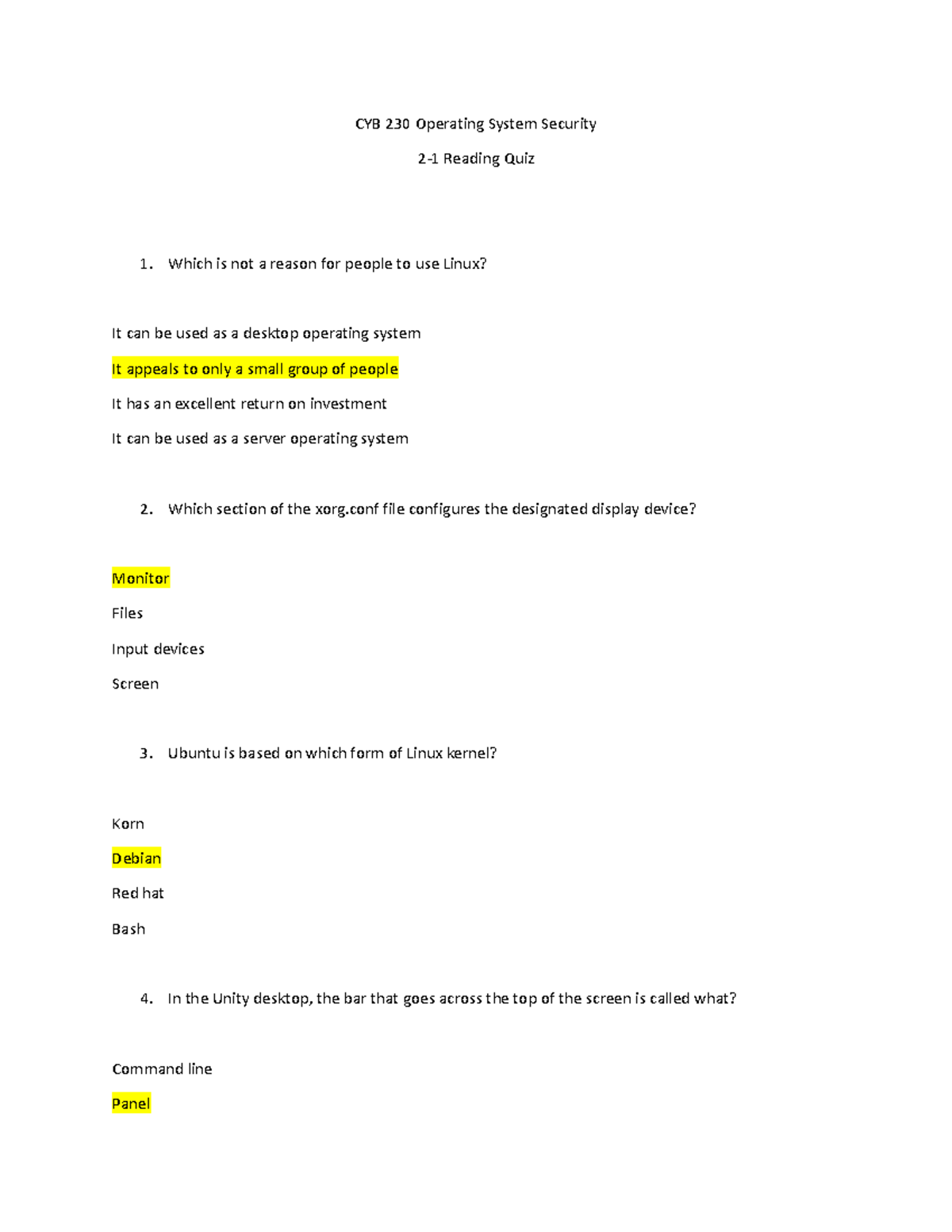 CYB 230 Operating System Security Module Two Quiz - CYB 230 Operating ...