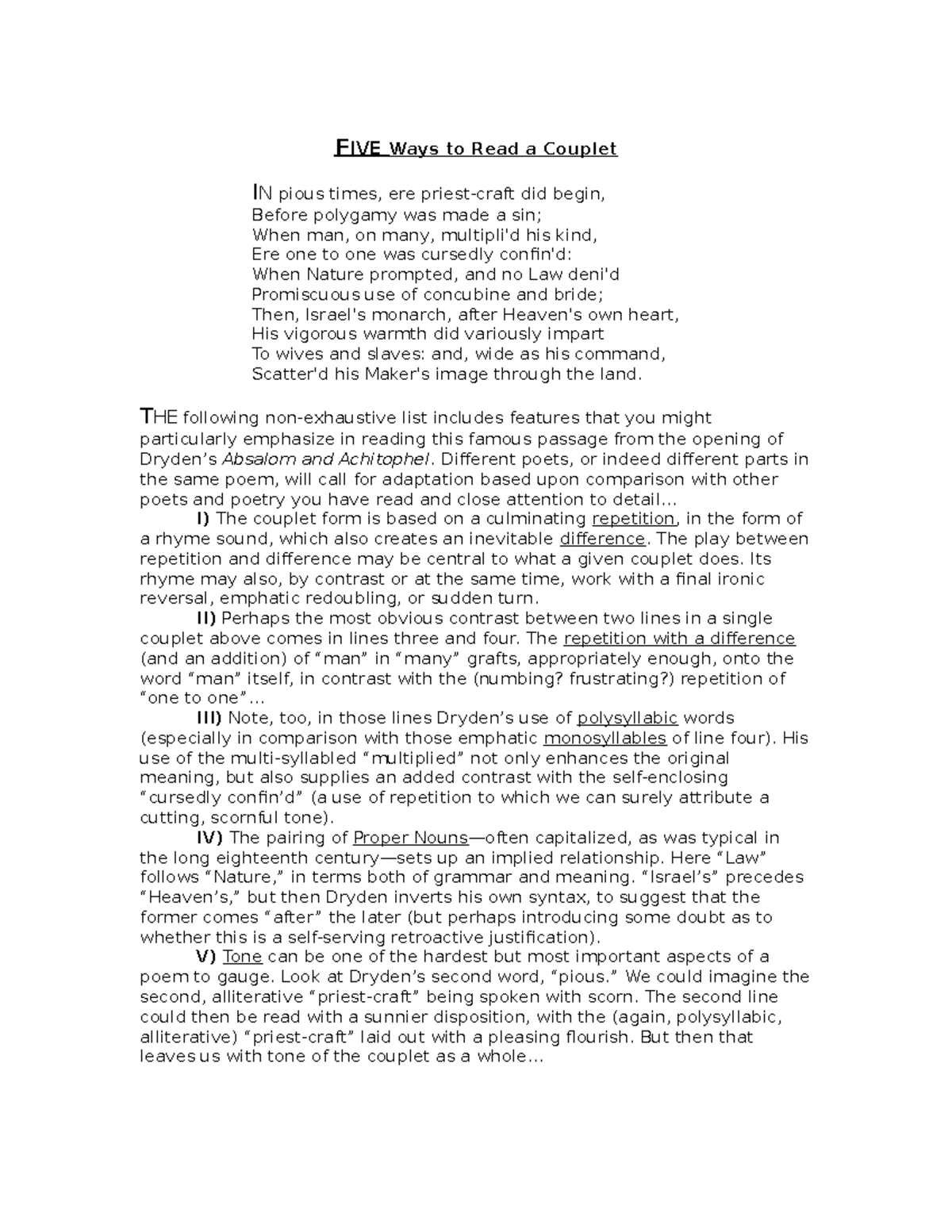 Dryden.couplet.handout 2 - FIVE Ways to Read a Couplet IN pious times ...