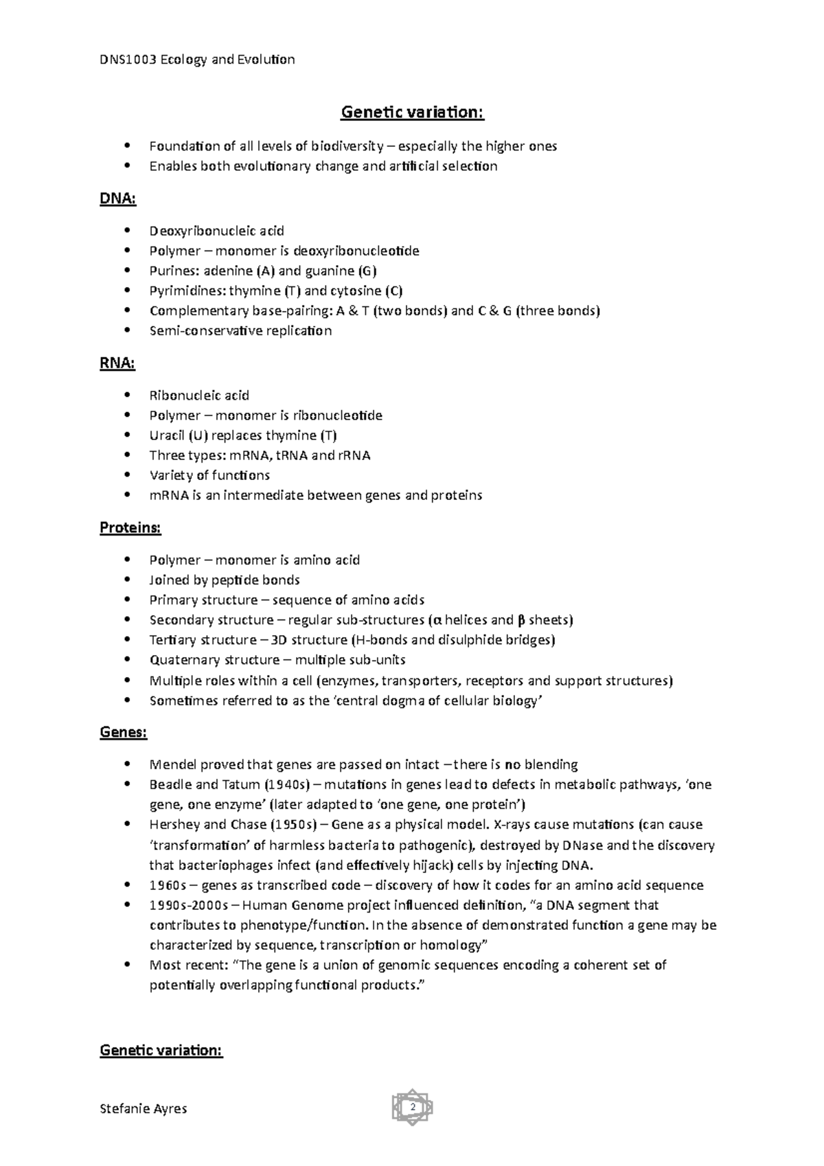 Lesson 2 - Genetic variation - 2 DNS1003 Ecology and Evolution Genetic ...