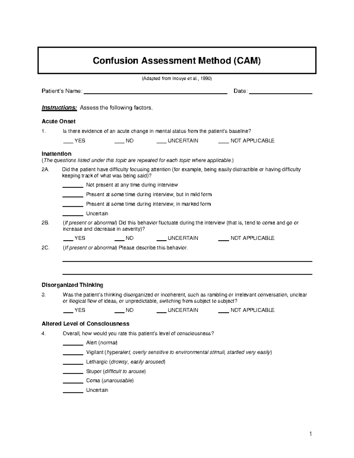 Confusion Assessment Method - CAM - 1 Confusion Assessment Method (CAM ...