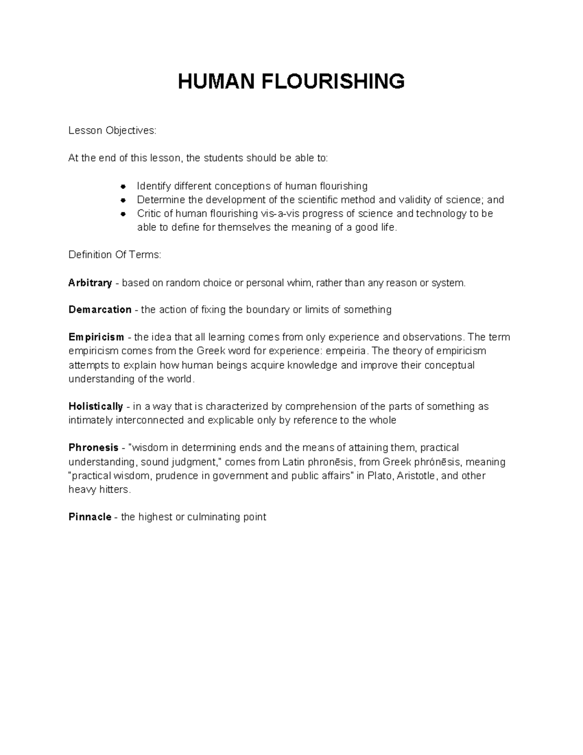 Human Flourishing - HUMAN FLOURISHING Lesson Objectives: At the end of ...