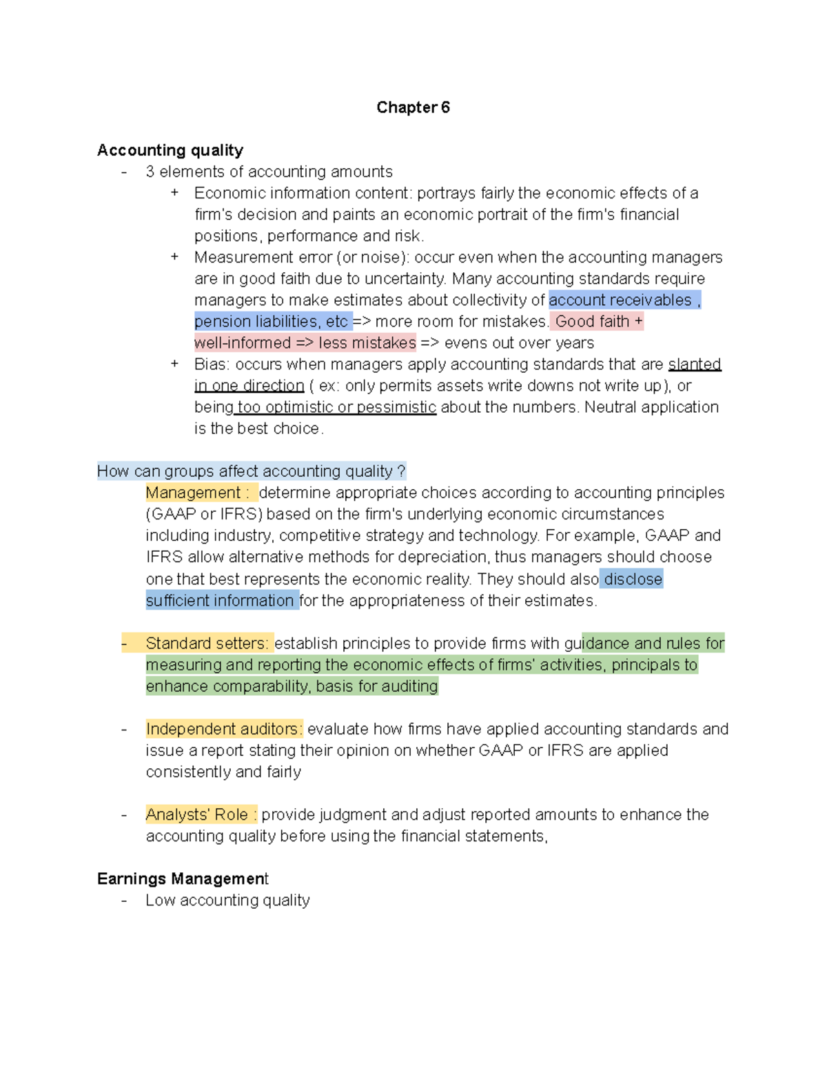 ACCY Final Study Guide - Chapter 6 Accounting quality 3 elements of ...
