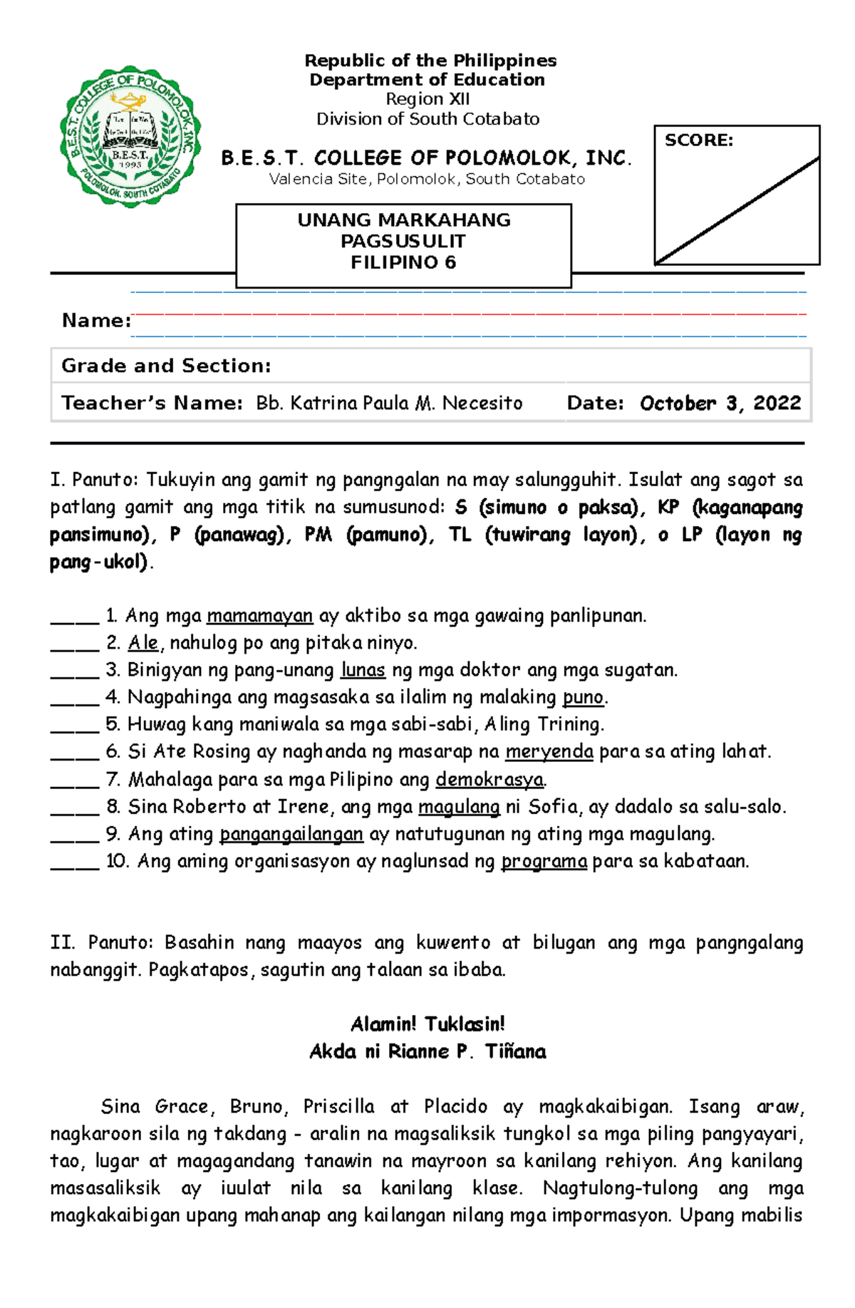 FIl 6 - Sample of test paper. - Republic of the Philippines Department ...