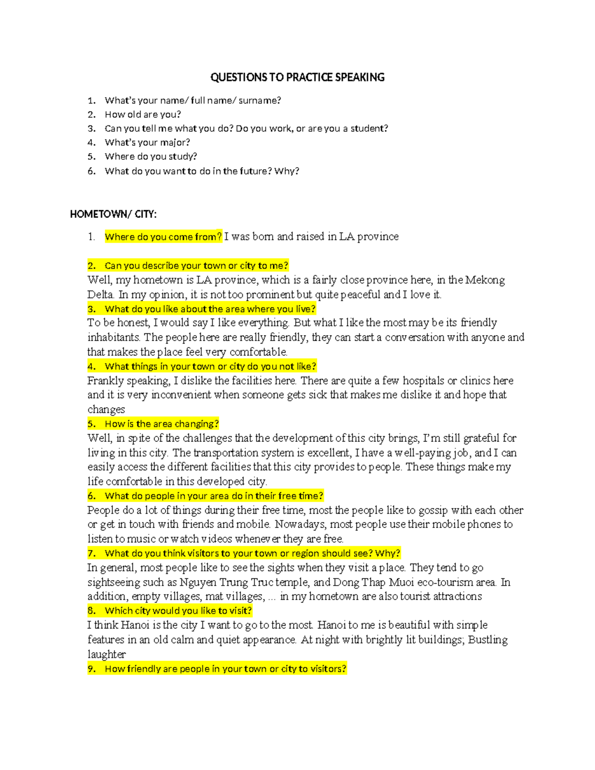 Questions for speaking practice - QUESTIONS TO PRACTICE SPEAKING 1 ...