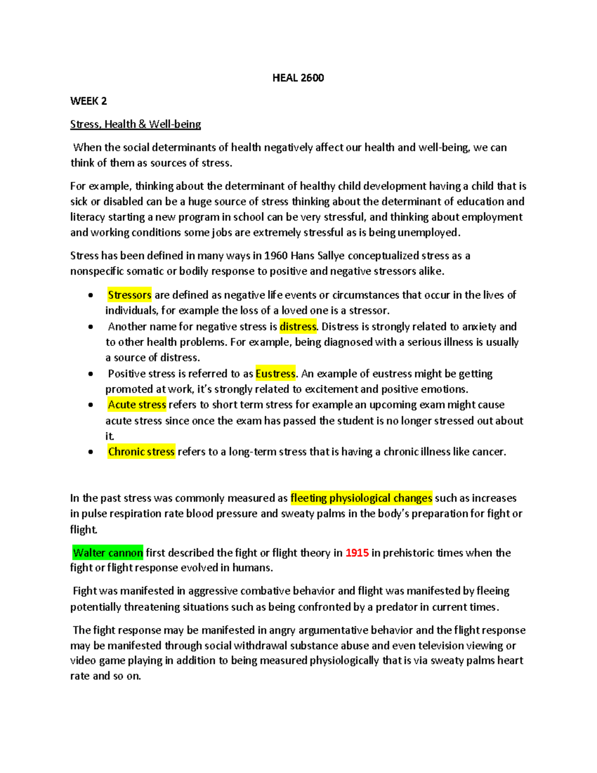 Heal WEEK2 - Detailed lecture notes - HEAL 2600 WEEK 2 Stress, Health ...