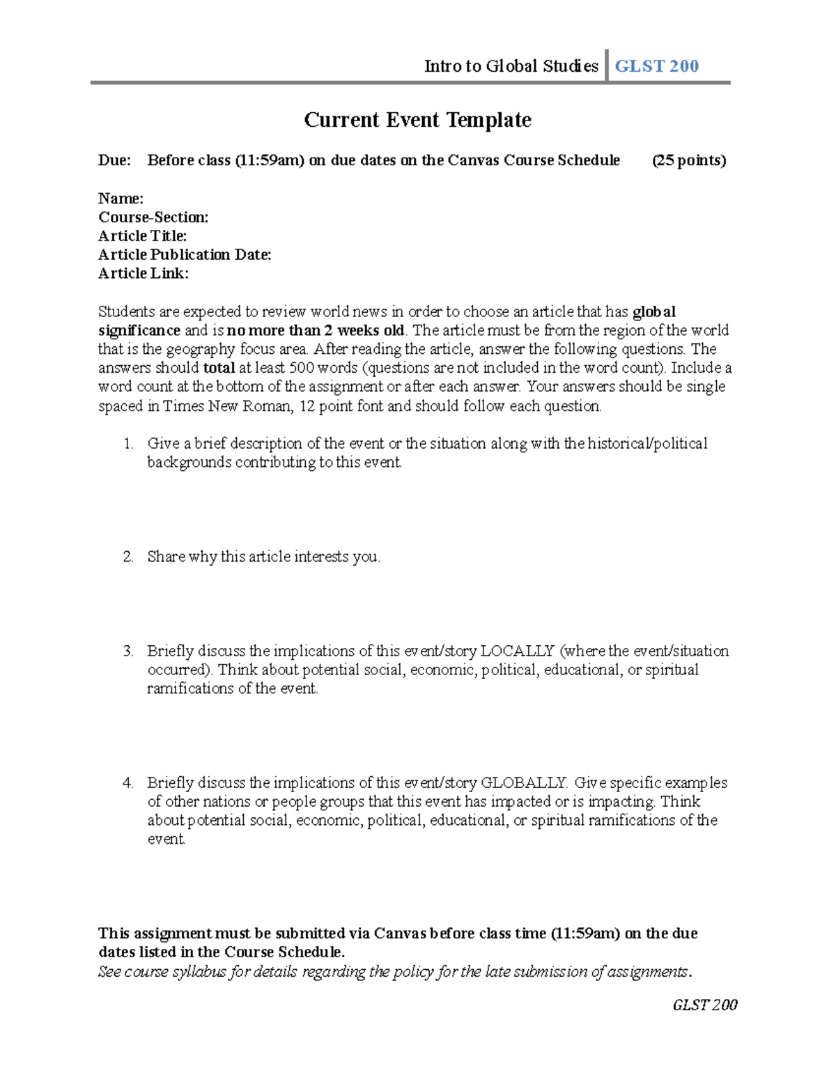 GLST 200 Current Event Template - Intro to Global Studies GLST 200 ...