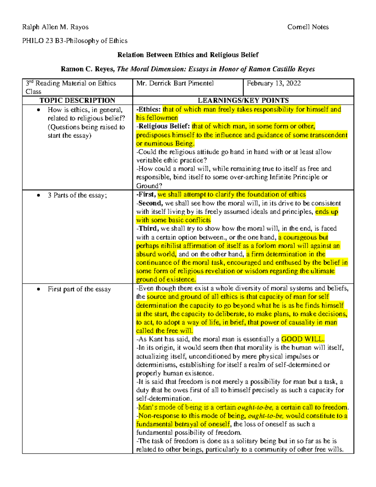 Philo 23 Cornell Notes on Reyes and Plato ( Euthyphro) Rayos - Ralph ...