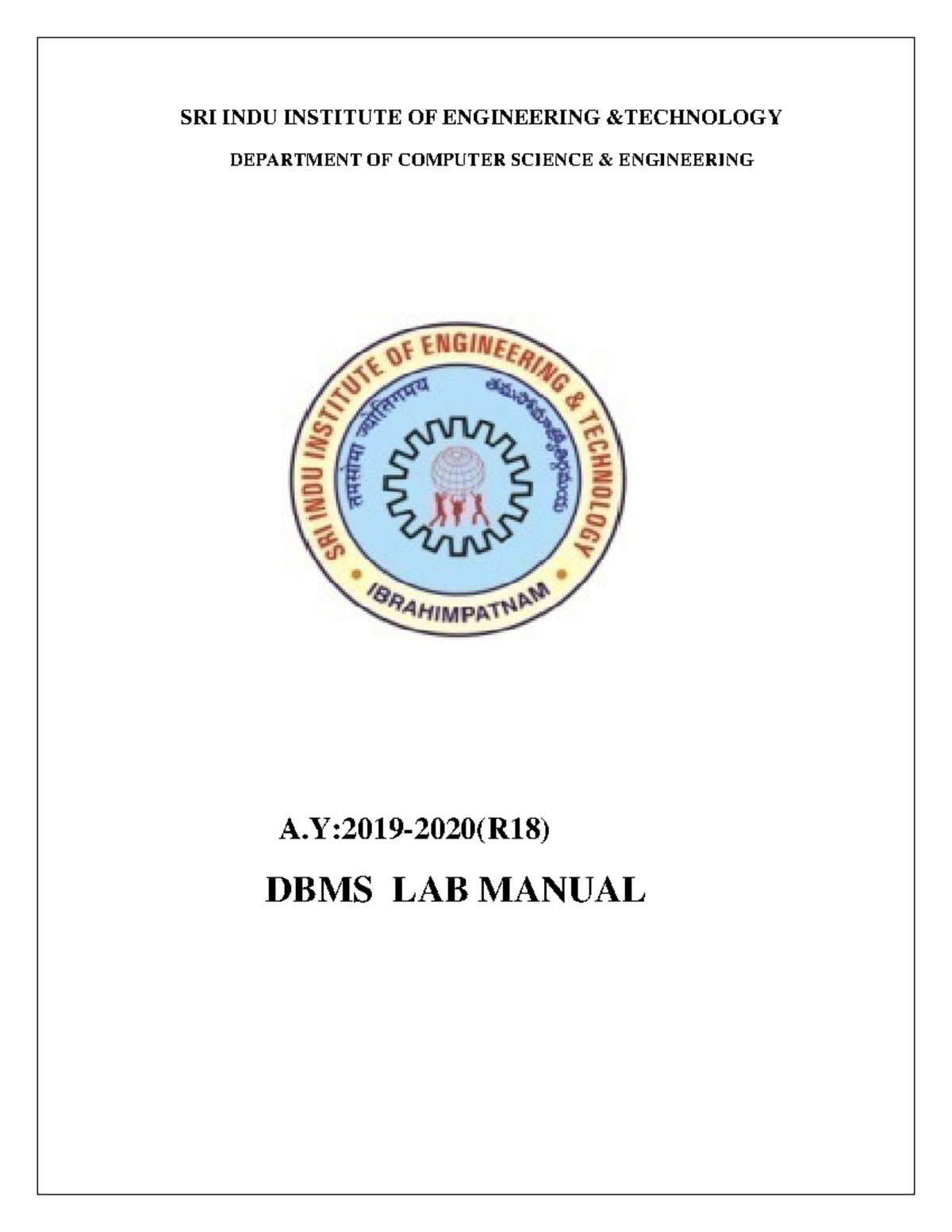 DBMS LAB3 - good - SRI INDU INSTITUTE OF ENGINEERING &TECHNOLOGY DEPARTMENT OF COMPUTER SCIENCE ...