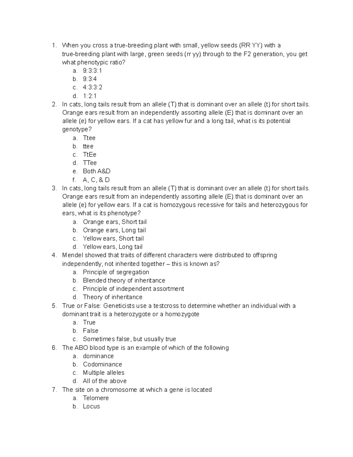 Worksheet - notes from class - When you cross a true-breeding plant ...