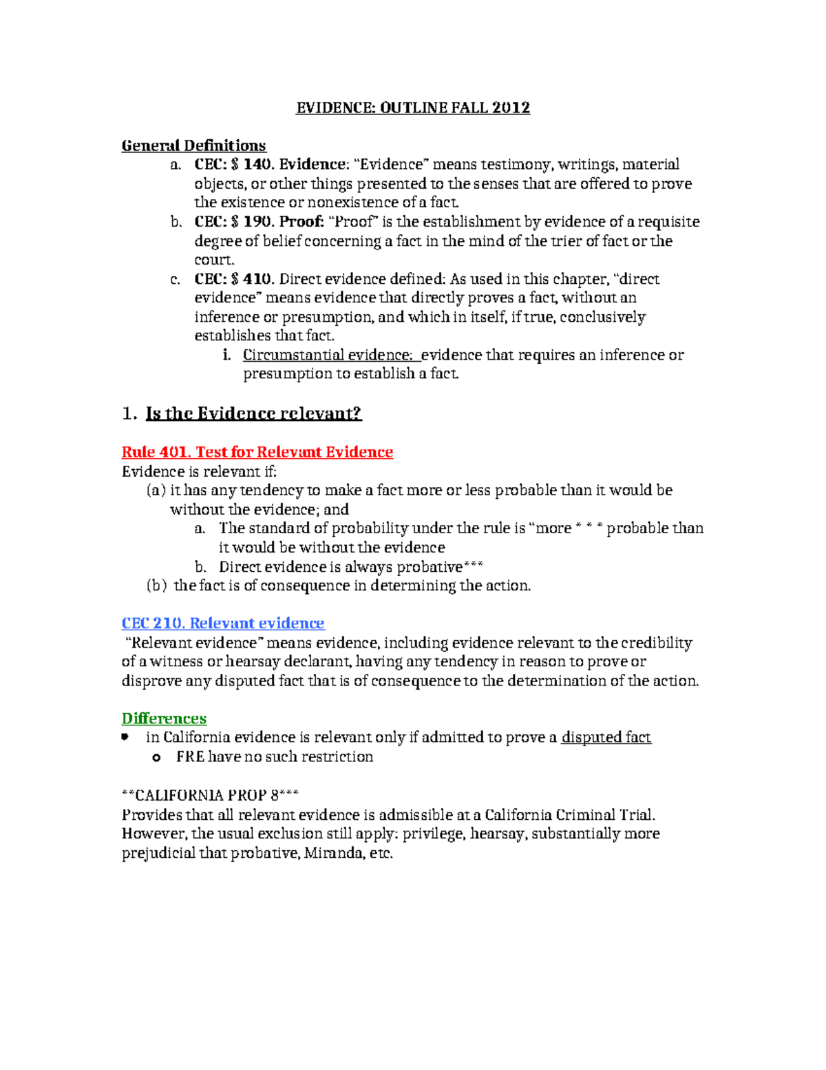 Evidence Outline - EVIDENCE: OUTLINE FALL 2012 General Definitions a ...