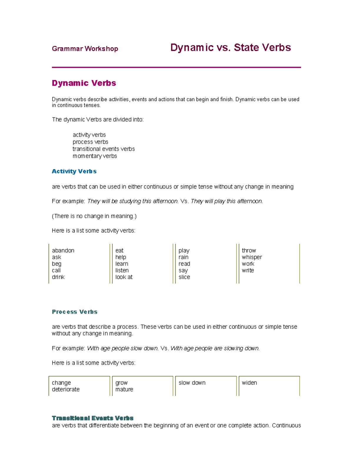 Durative and Staive Verbs-1 - Grammar Workshop Dynamic vs. State Verbs ...