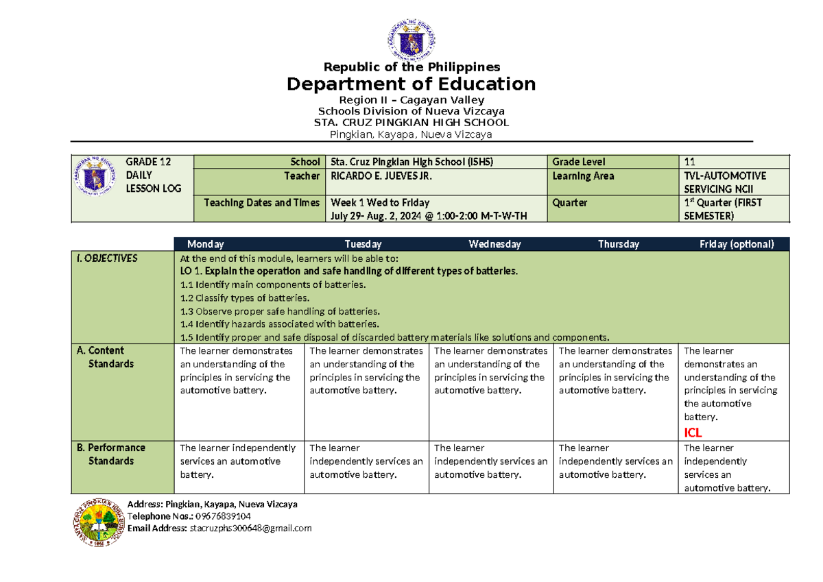 Daily Lesson LOG -JULY 29-AUG. 2, 2024 grade 11-Battery - Department of ...