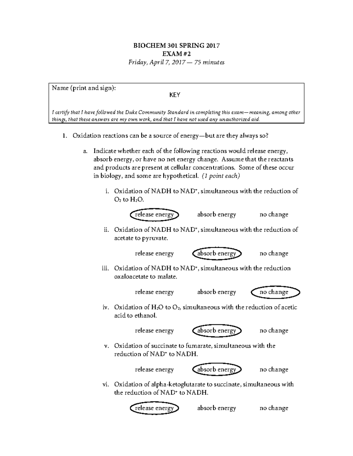 Exam 2 - Spring 2017 - Key - BIOCHEM 301 SPRING 2017 EXAM Friday, April ...
