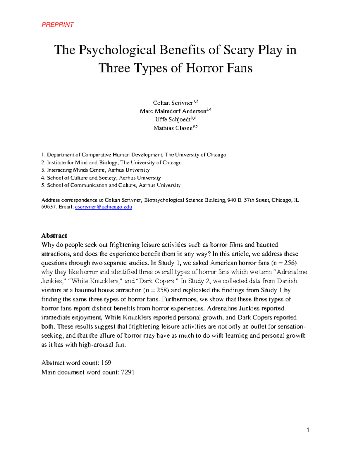 The psychological benefits of scary play in three types of horror fans ...