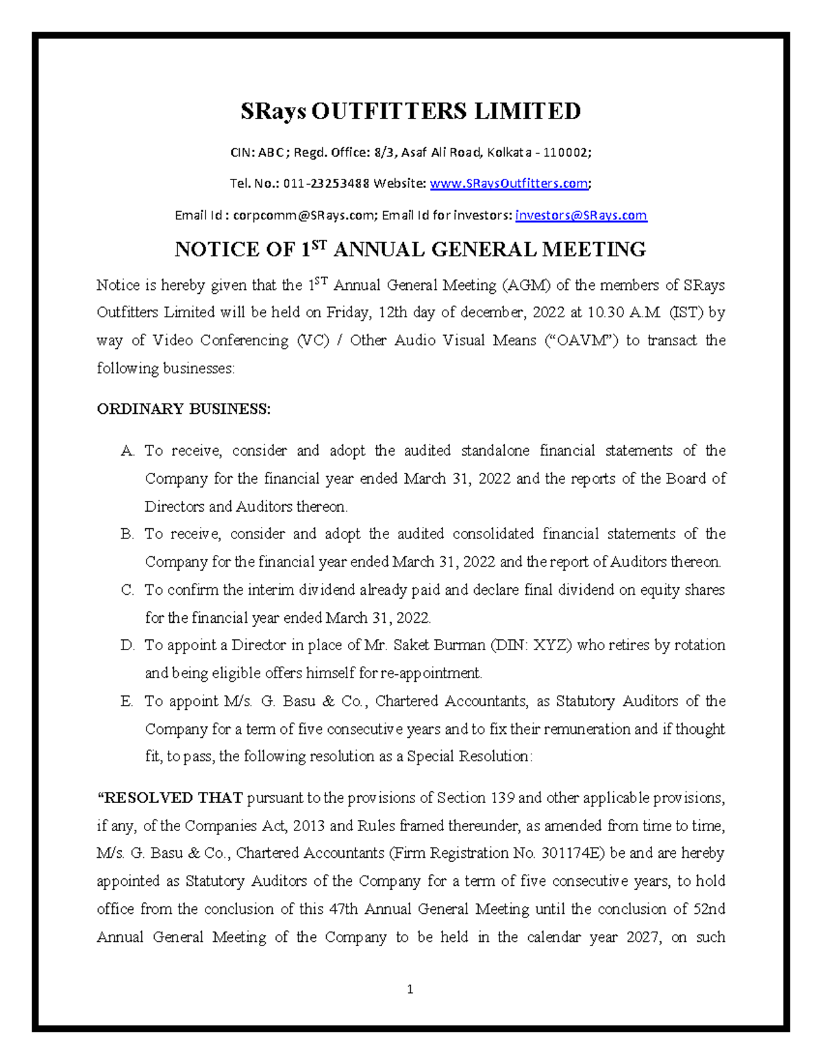 SRays Outfitters Limited 2082089 AGM - SRays OUTFITTERS LIMITED CIN ...