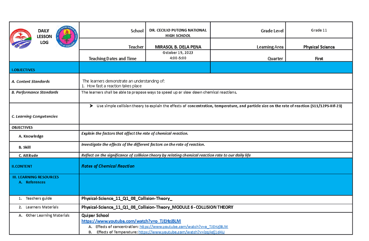 DEMO DLL Ranking - DLL DEMO- Collision theory - DAILY LESSON LOG School ...