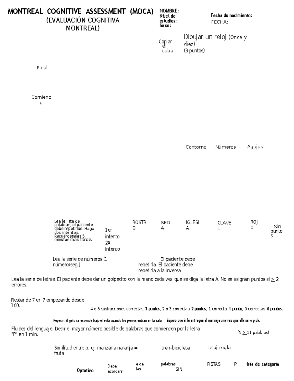 Mo CA-Test-Spanish - MONTREAL COGNITIVE ASSESSMENT (MOCA) (EVALUACIÓN ...