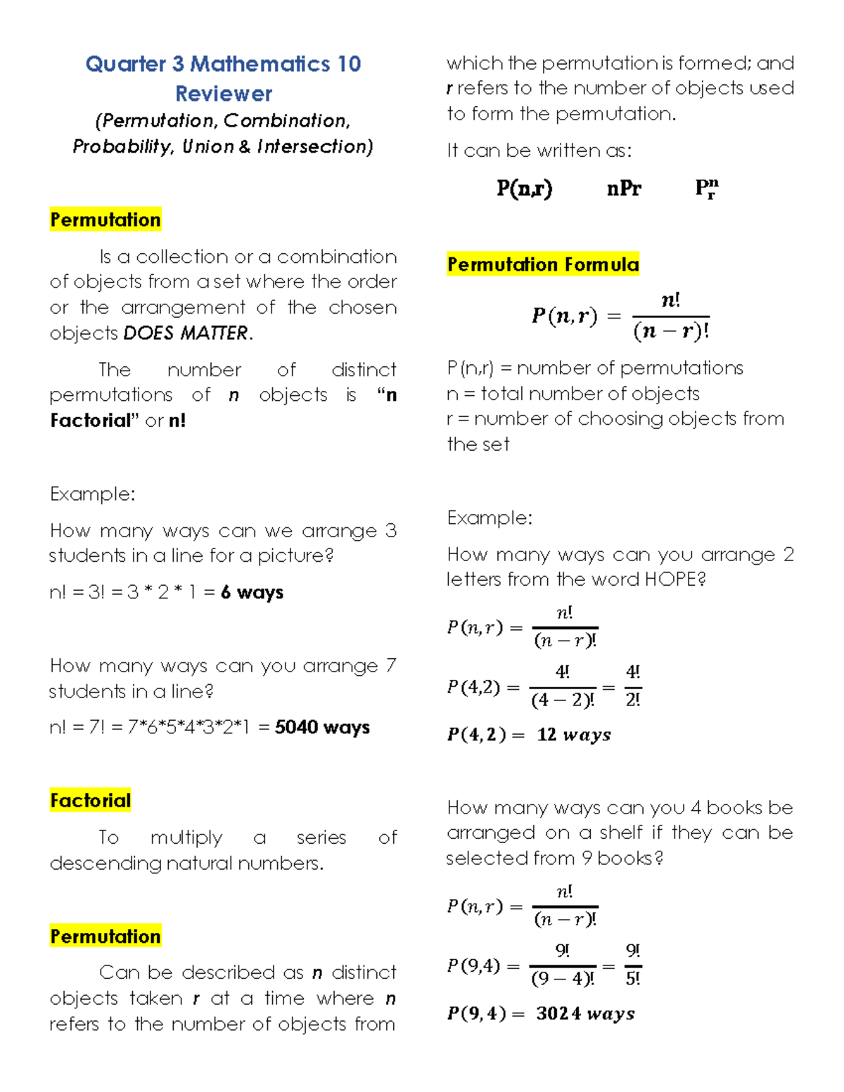 Q3 Mathematics Reviewer - Quarter 3 Mathematics 10 Reviewer (Permutation, Combination ...