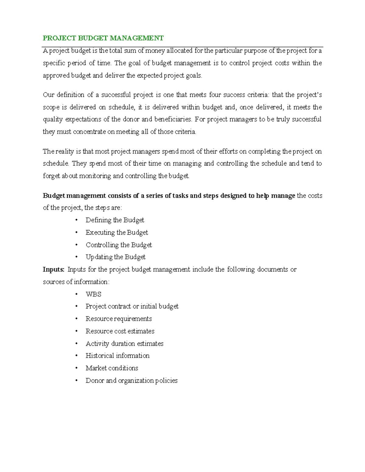 Budget Devt & Management - PROJECT BUDGET MANAGEMENT A project budget ...