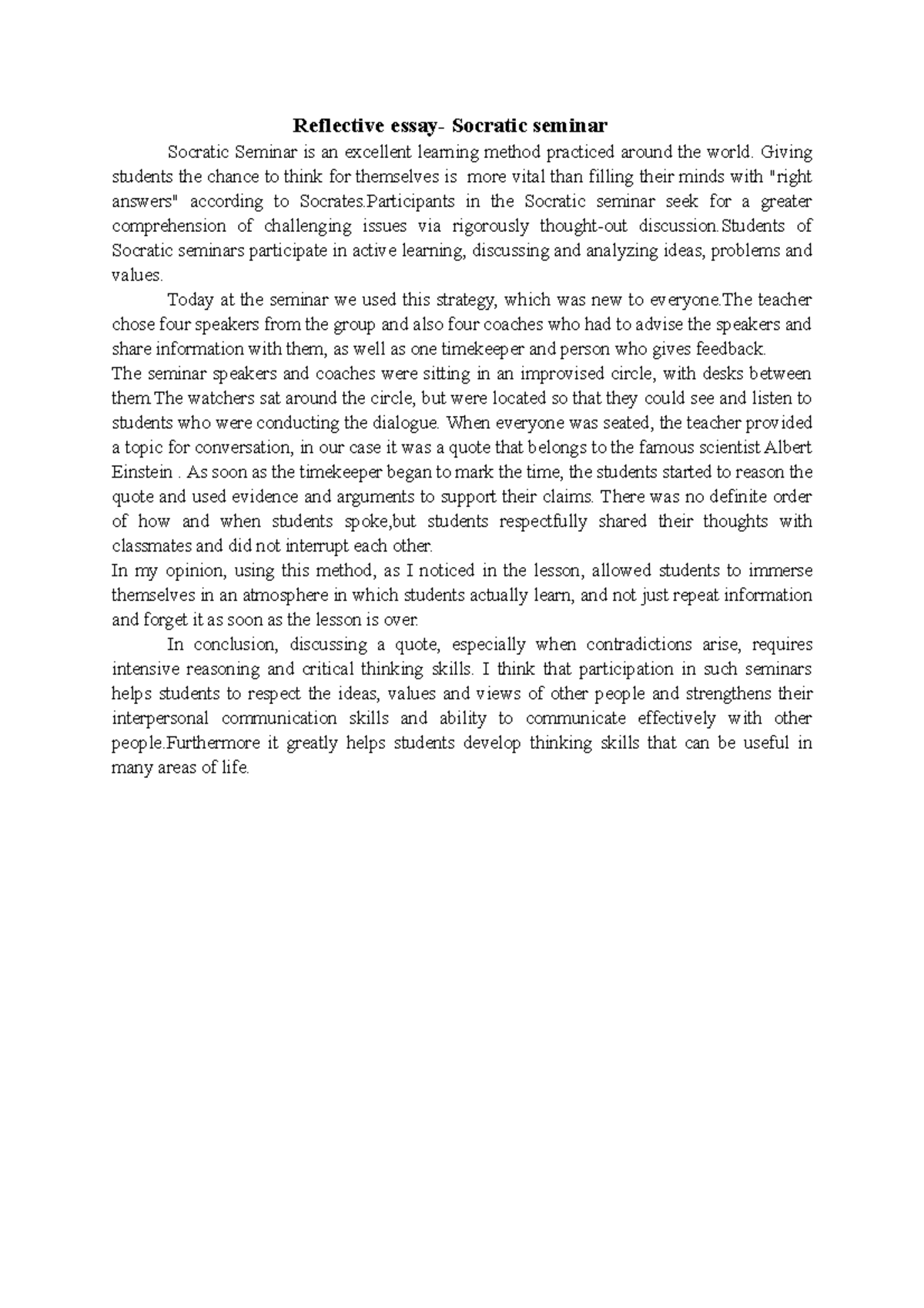 Reflective essay- Socratic seminar frbrbty - Cálculo - Studocu