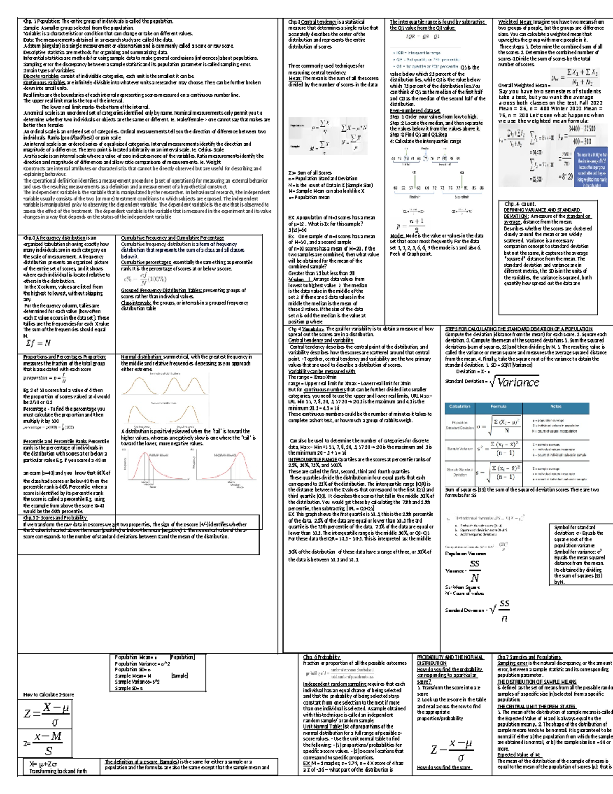 Psyc 204 - cheat sheet - ####### Chp. 1 Population: The entire group of individuals is called ...