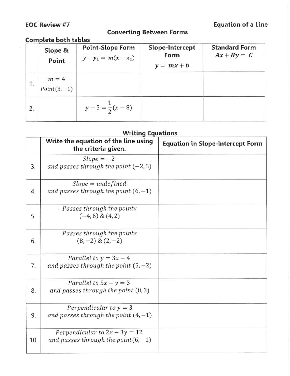 EOC 7-9 - helps with the final - EOC Review Equation of a Line ...