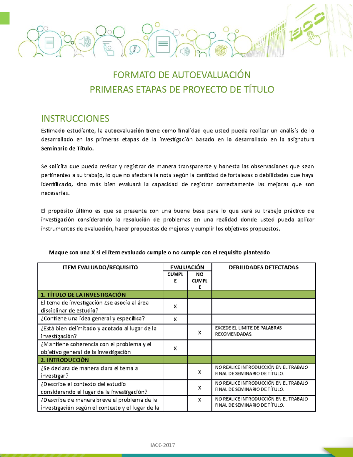 Fomato de Auto-evaluación VF - IACC- 1 SEMANA 1 PROYECTO DE TITULO ...
